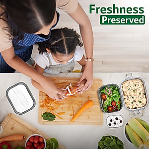 FigTree – 3 Tier Stainless Steel Lunch Box with Snack Pod 6"x4.5"x4", 3.5 Cups Food Capacity Leak Resistant Bento Box with Strong Latches – Stainless Steel Lunch Box BPA Free & Dishwasher Safe