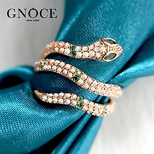 GNOCE "Creative Life Force 18K Rose Gold S925 Sterling Silver Green Snake Ring With Clear Cz Stones Womens Cool Crystal Jewelry Accessories Snake Rings For Women Fashion Rhinestones Rings (8(U.S))