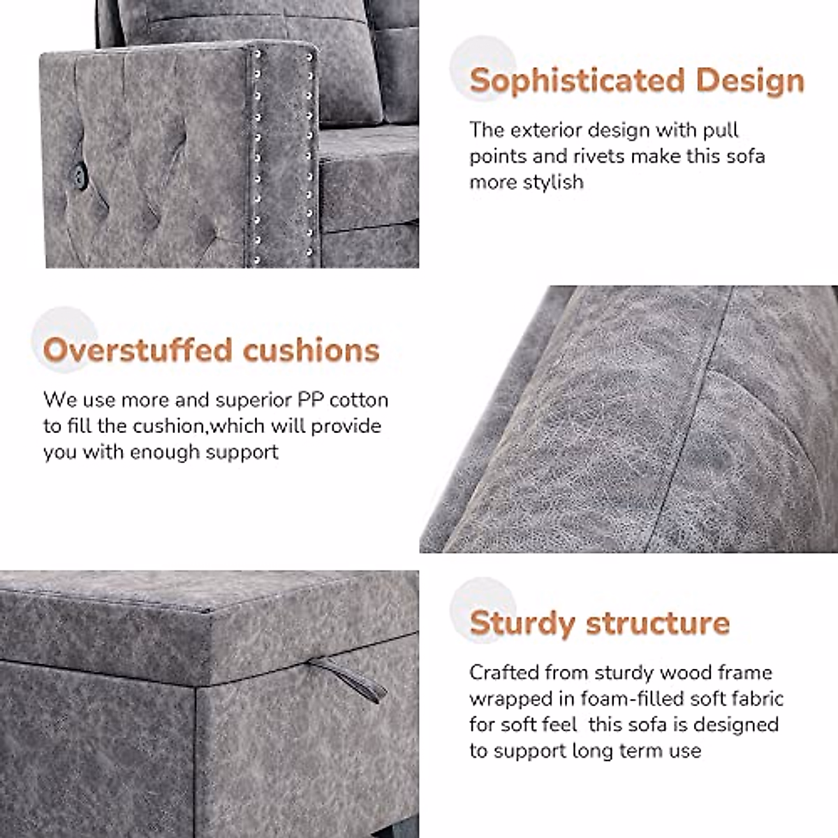 Goohome 84" L Sectional USB Charger,2 Sofa Bed with Storage Chaise,Sleeper Independent Use as Coffee Table, Nail Headed for Living Room Furniture Apartment/Upstairs Loft, Gray / 3-seat