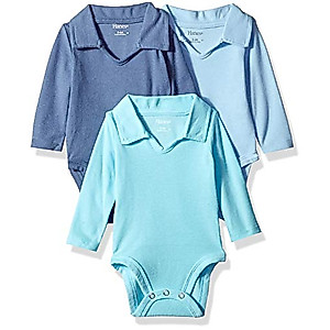 Hanes Ultimate Baby Flexy 3 Pack Long Sleeve Polo Bodysuits, Blues, 0-6 Months