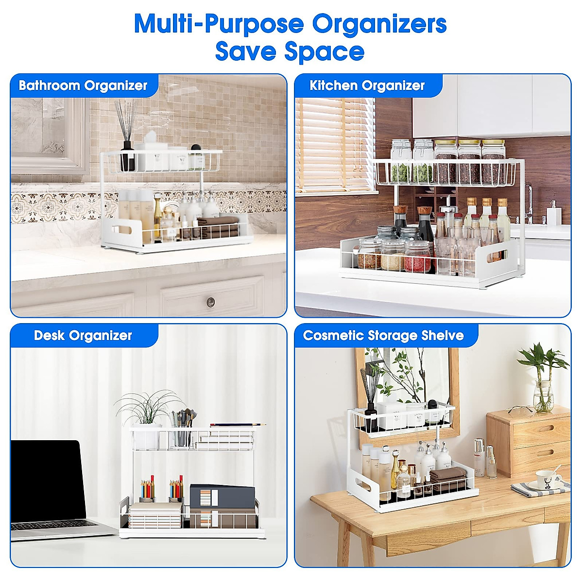 UINOFLE 2 Pack Under Sink Organizers and Storage, 2 Tier Sliding Cabinet Basket Organizer Drawer Pull Out Cabinet Organizer Multi-Purpose Under Sink Organizer for Bathroom Kitchen (White)