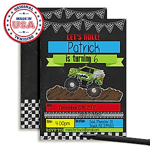 Monster Truck Chalkboard Birthday Party Invitations, 20 5x7 Fill In Cards with Twenty White Envelopes by AmandaCreation