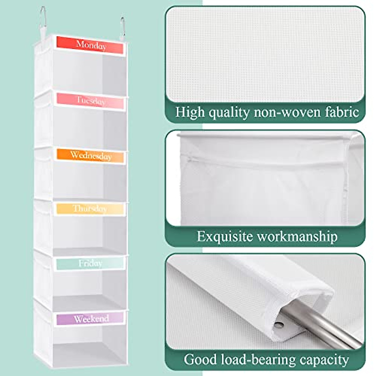 Amylove 2 Pack 6 Weekly Shelf Hanging Closet Organizer Kids Closet Organizer Clothes Storage Organizer for Kids Days of the Week Clothes Organizer Hanging Cube Organizer for Daily Activity (White)