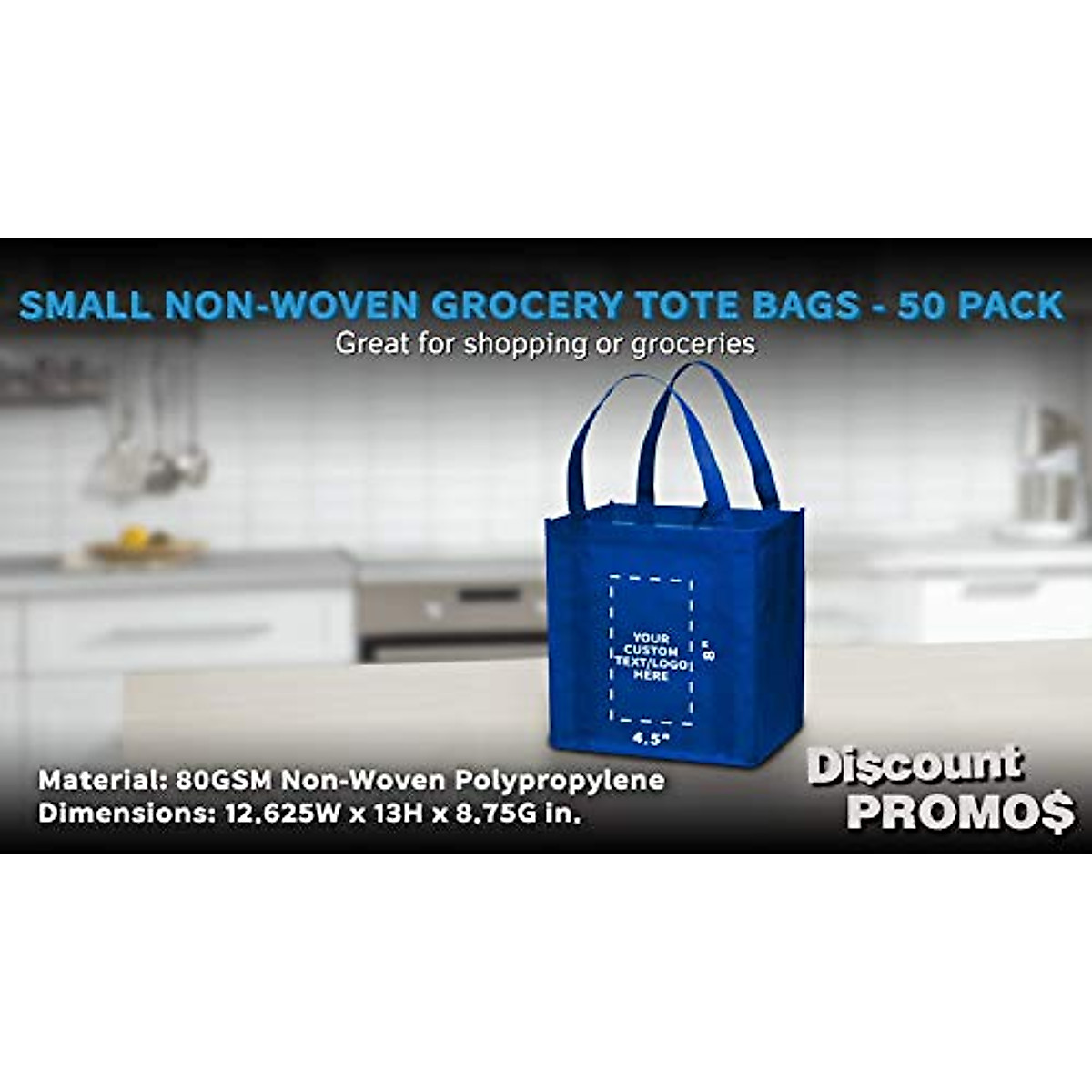 DISCOUNT PROMOS Custom Reusable Grocery Tote Bag for Shopping - 50 Pack - Personalized Logo, Text -Small Foldable Bags – Blue