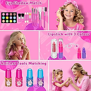 Hollyhi 58 Pcs Kids Makeup Kit for Girl, Princess Toys Real Washable Cosmetic Set with Mirror, Kids Makeup Sets for Girls, Play Make Up Birthday Gifts for 3 4 5 6 7 8 9 10 11 12 Years Old Kid (Rose)