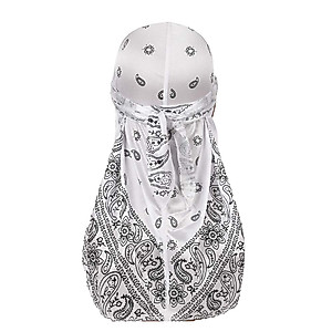 DINPREY Assorted Paisley Bandana Doo rag Cap Headwraps Men's Women's Silk Durag with Long Tail and Wide Straps for 360 Waves (Black,Navy bule,White)