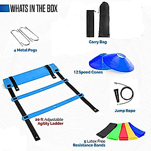 Agility Ladder Speed Training Equipment, Includes 12 Rung Agility Ladder,Running Parachute,Jump Rope,Resistance Bands,12 Resistance Cones for Football,Basketball,Hockey Training Athletes