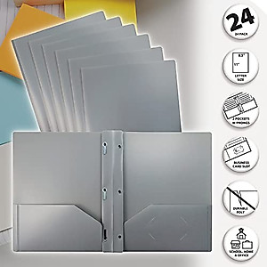 Better Office Products Gray Plastic 2 Pocket Folders with Prongs, 24 Pack, Heavyweight, Letter Size Poly Folders with 3 Metal Prongs Fastener Clips, Gray