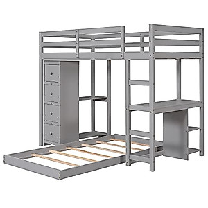 Merax Twin Over Twin Bunk Bed with 2 Desk and 4 Storage Drawers and Built-in Shelves, Wood Loft Bed Frame for Teens, No Box Spring Need, Grey