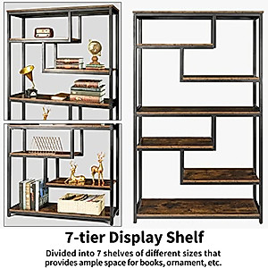 Becko US Bookshelf Bookcase Industrial 7 Tier Bookshelf Vintage Etagere Bookcase with Rustic Finish Rustic Vintage Display Shelf Storage Open Rack for Home Office (Rustic Brown)