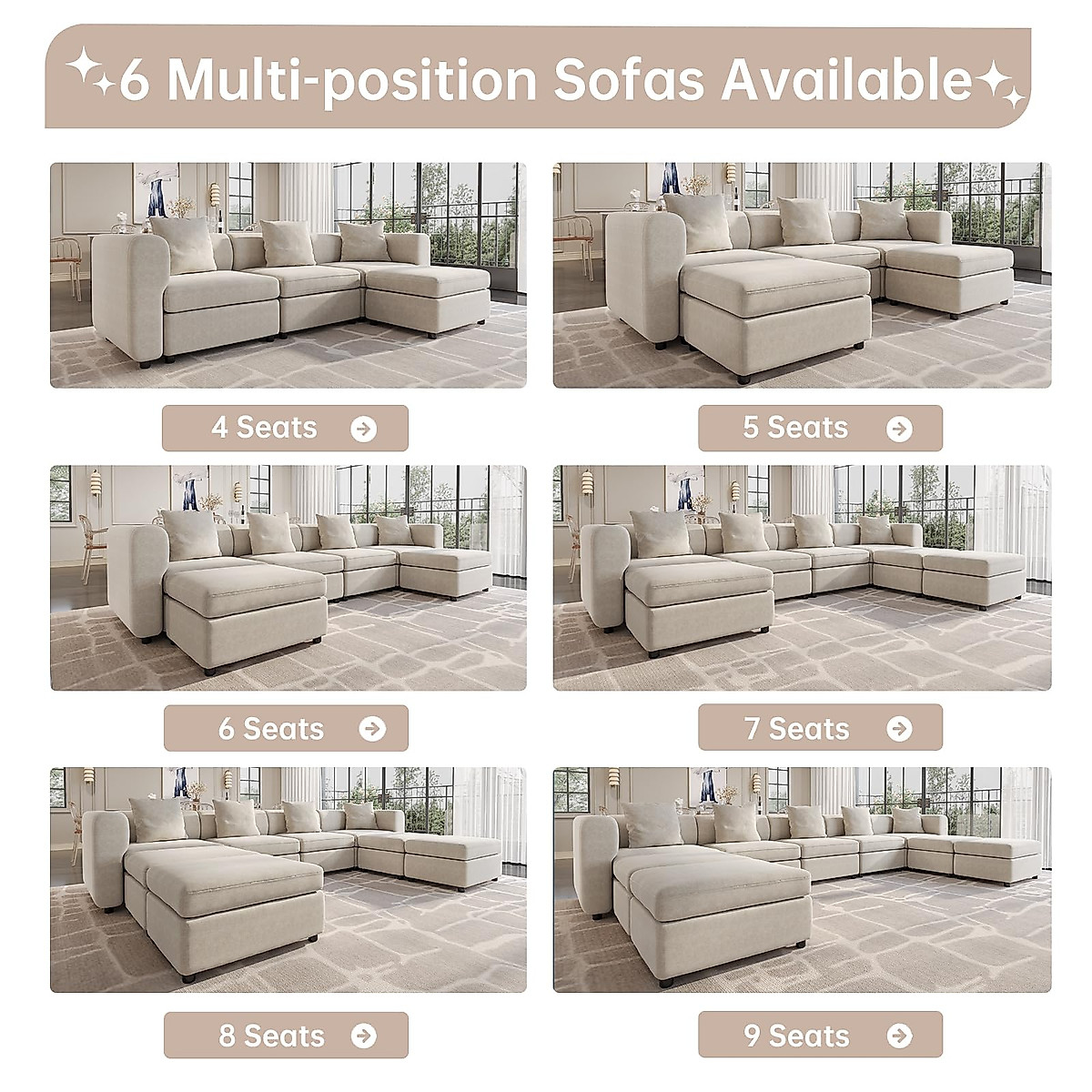 Guyii Velvet Sectional Sofa, Modern Oversized 9-Seater Sofa with 5 Pillows and Storage Footstool, Convertible Sofa with Cushions, U-Shaped Sofa for Living Room, Apartment, Home (9 Seat Sofa)