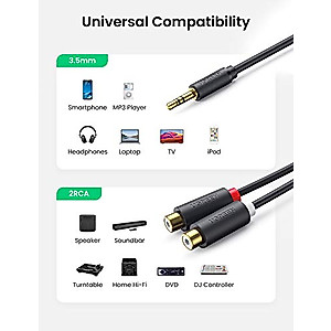 UGREEN 3.5mm Male to 2 RCA Female Jack Stereo Audio Cable Y Adapter Gold Plated Red and White to Headphone Cord Compatible with iPhone iPod iPad MP3 TV DVD Player DJ Controller Mixer Speaker, 0.8 Feet
