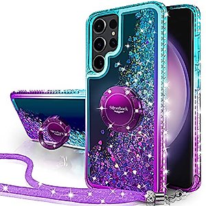 Silverback for Samsung Galaxy S23 Ultra Case, Moving Liquid Holographic Sparkle Glitter Case with Kickstand, Girls Women Bling Diamond Ring Slim Protective Case for Galaxy S23 Ultra 5G, Purple