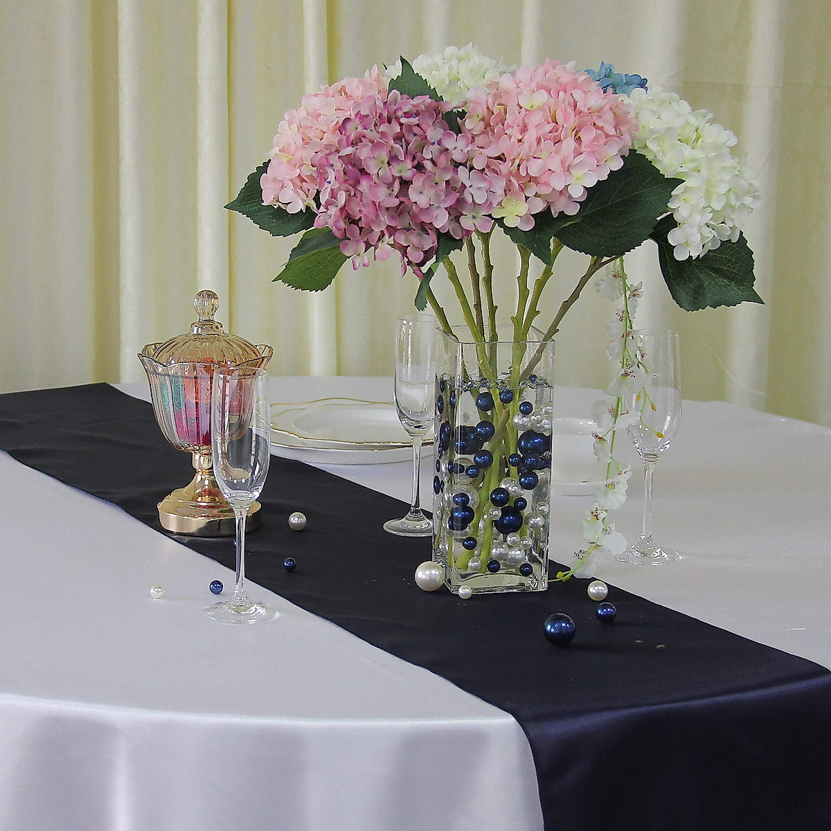 Blue Ivory Pearl Vase Fillers - 120 pcs 1 LB faux pearl beads 14mm 20mm 30mm Assorted with 8000 pcs clear water beads included for home wedding events decroation (Royal Blue, Ivory)