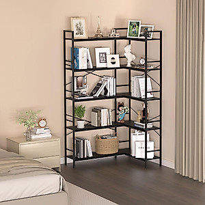Lazyvan Black Corner Bookshelf,5 Tiers Corner Bookcase with Open Storage,L Shaped Shelves for Home Office,Living Room,Bedroom