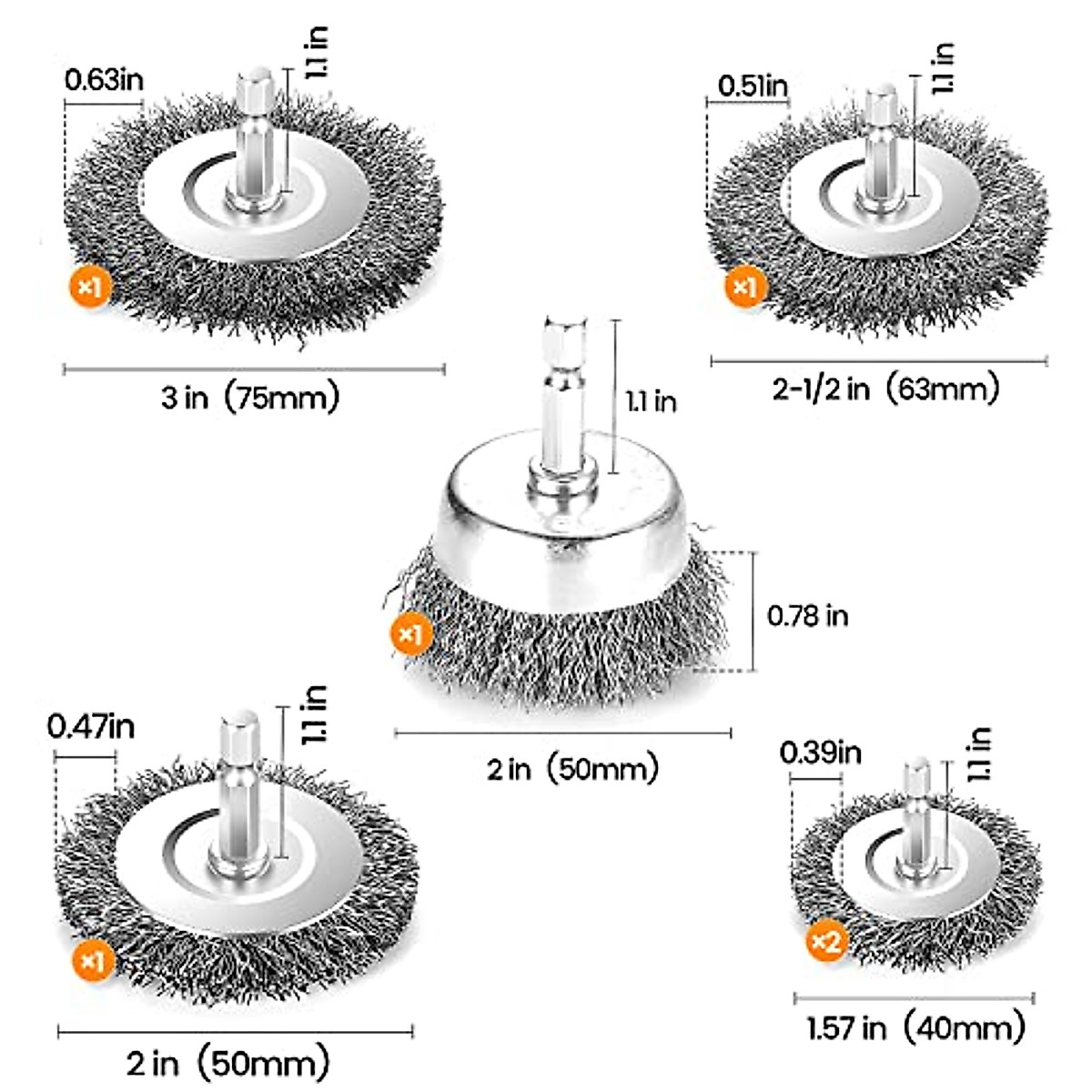 TILAX Wire Brush Wheel Cup Brush Set 6 Piece, Wire Brush for Drill 1/4 Inch Hex Shank Arbor 0.012 Inch Coarse Carbon Steel Crimped Wire Wheel for Drill Attachment, Rust Removal, Stripping and Abrasive