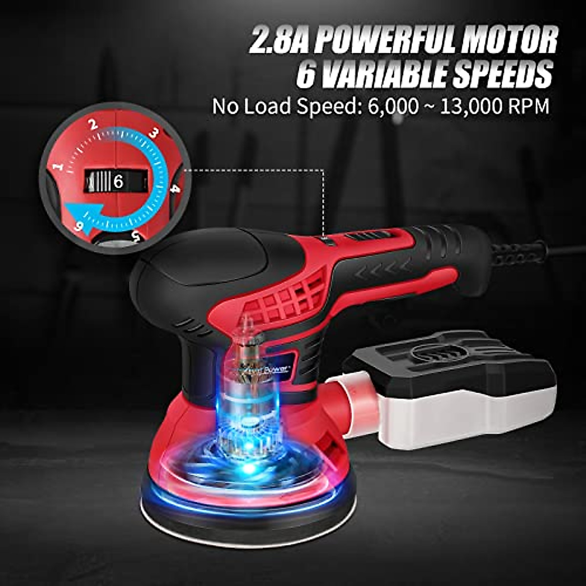 AVID POWER Orbital Sander 5 Inch 2.8 A Random Orbit Sander for Woodworking 13,000 RPM Electric Wood Sander Tools, 6 Variable Speeds, 12 Pcs Sandpapers