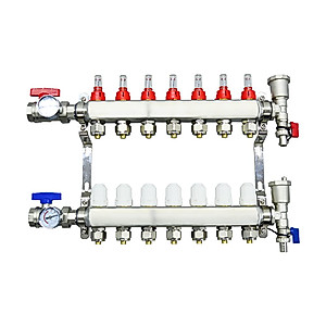 INTBUYING 7-Loop 1/2" Radiant Floor Heating Manifold Set NPT 1" Stainless Steel Radiant High-flow Floor Heating Set with Flow Meters For Hydronic Radiant Floor Heating