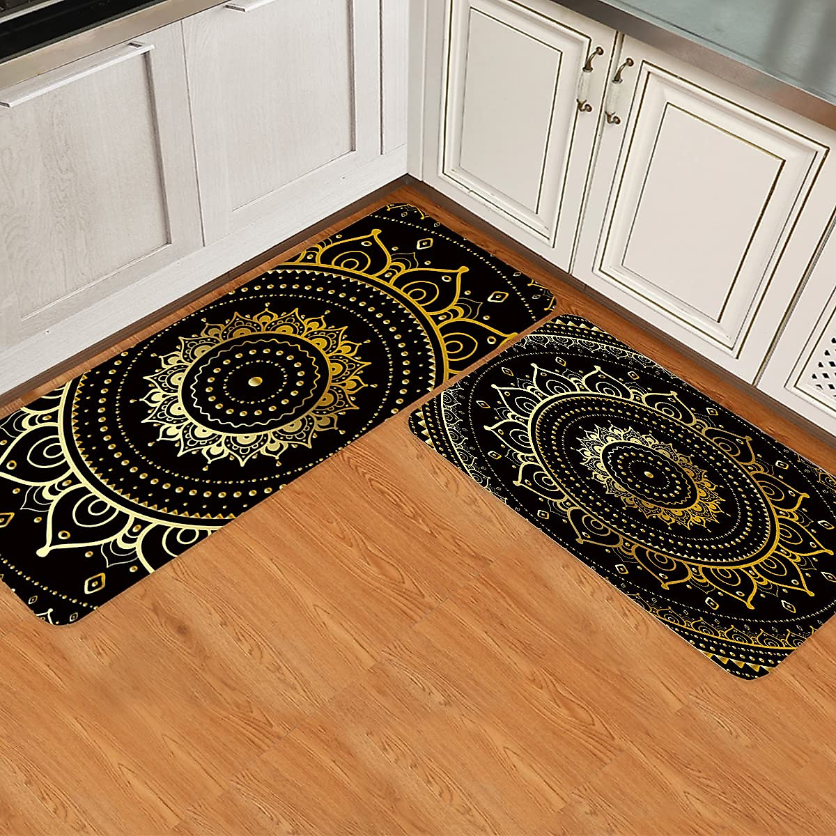 2 Pieces Kitchen Rugs Sets, Golden Mandala Texture Black Non-Slip Hallway Stair Runner Rug Mats Doormat for Floor, Office, Sink, Laundry
