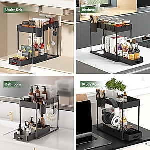 seasky Under Sink Organizers and Storage 2 Pack, 2 Tier Adjustable Height Sliding Bathroom Organizer, Kitchen Organizer Multipurpose Under Sink Cabinet Storage with 8 Hooks and 2 Hanging Cup
