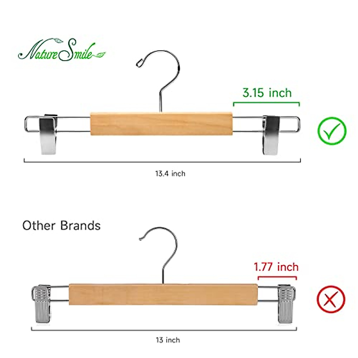 Nature Smile Solid Wooden Skirt Pants Hangers 20 Pack,Premium Wood Bottom Shorts Hangers for Slacks Trousers with Larger Adjustable Anti-Rust Clips (Natural)