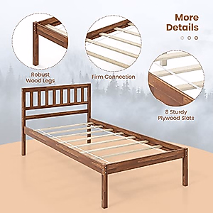 Giantex Wood Twin Bed Frame with Headboard, Mid Century Platform Bed with Wood Slat Support, Solid Wood Foundation, 12 Inch Height for Under Bed Storage, Easy Assemble, Walnut