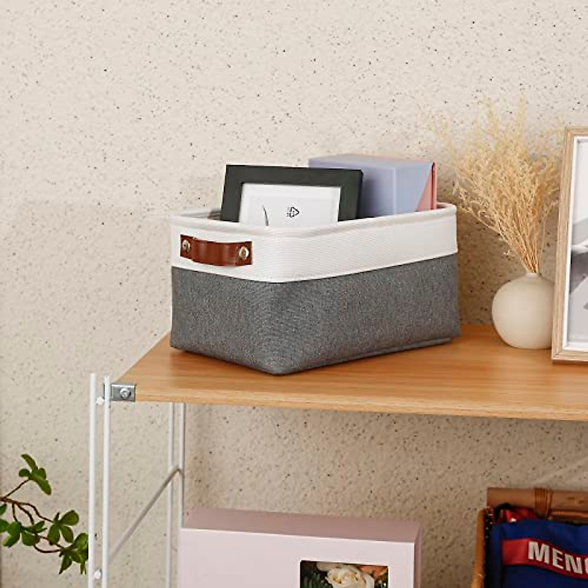 Storage Baskets[1 Pack], Foldable Fabric Storage Bins with Handles for Cupboards, Wardrobe, Shelves, Bathroom, Clothes, Toys, Towel (11.8 x 7.8 x 5.9 inches, White/Grey)