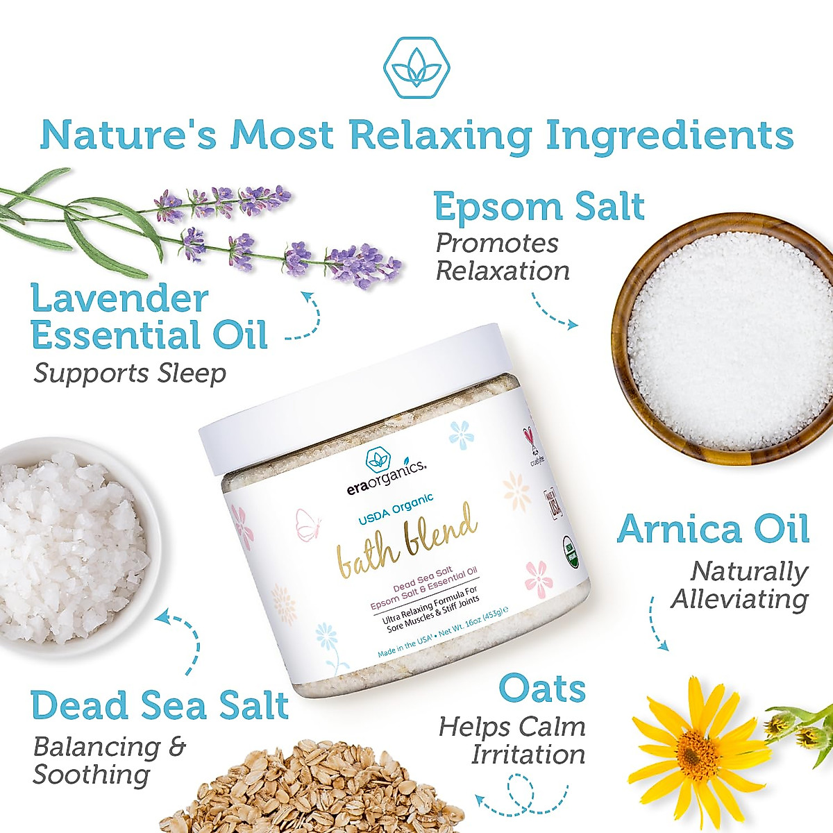 Era Organics Epsom Salt Lavender Bath Salt Blend - Organic Bath Salts to Soothe Aches - Pregnancy Bath Soak and Bath Salts for Women Relaxing - Dead Sea Salt and Epsom Salts for Soaking