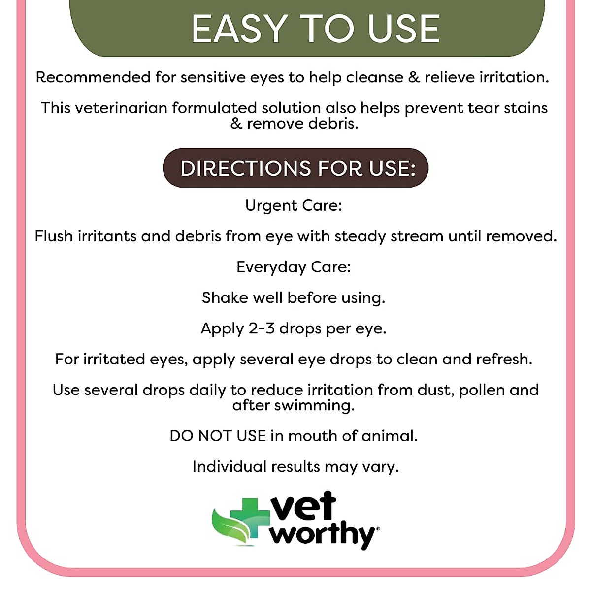 Vet Worthy Eye Wash for Dogs - Gentle Eye Cleansing Solution for Dogs to Prevent Tear Stain and Eye Irritation - Dog Eye Cleaner for Tear Stain, Dirt, and Eye Discharge - 4oz