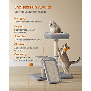 Feandrea Cat Scratching Post, Small Cat Tree Tower, Multifunctional Cat Scratcher with Self Groomer Brush, Rotatable Ramp, Pompoms, Cat Perch Bed for Indoor Cats, Light Gray UPCA024G01