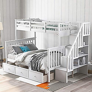 Flieks Twin-Over-Full Bunk Bed with Drawer,4 Storage and Guard Rail, Twin-Over-Full Bunk Bed for Bedroom, Dorm, for Family,Teens,No Box Spring Needed