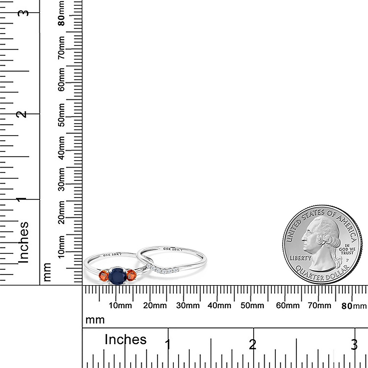 10K White Gold Blue Sapphire and Orange Sapphire and White Lab Grown Diamond 3-Stone Bridal Engagement Wedding Ring Set For Women (0.93 Cttw, Gemstone September Birthstone, Round 5MM, Size 8)