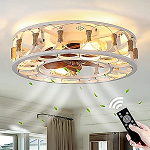 BUXVRCS 19.68'' Flush Mount Caged Ceiling Fan with Lights, Farmhouse Rustic Low Profile Ceiling Fans, 4-Light Vintage Enclosed Ceiling Fan Lighting Fixture Remote Control (Including 5 Bulbs) (White)