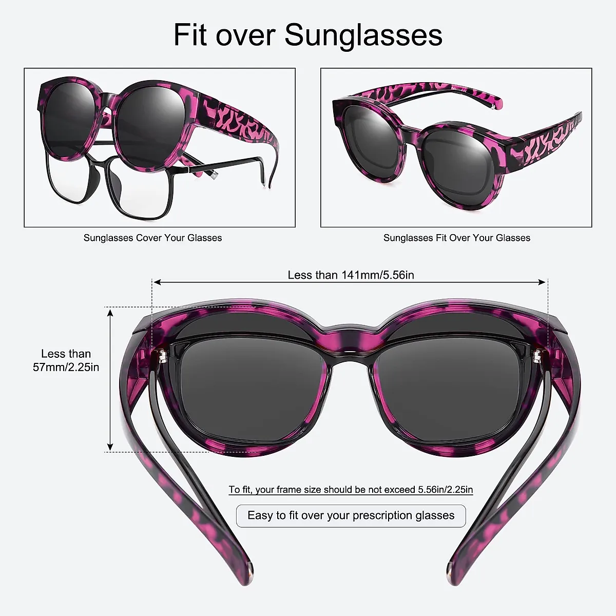 Br’Guras Polarized Oversized Fit over Sunglasses Over Glasses with Cat Eye Frame for Women&Men (Purple leopard, Black)