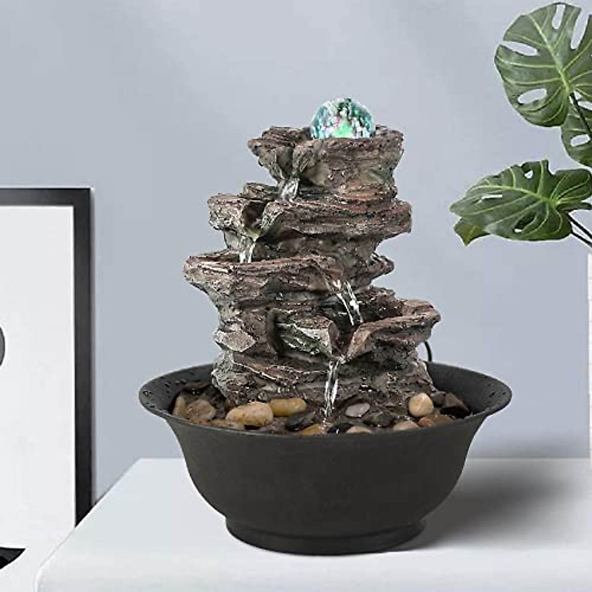 Ferrisland 4-Tier Tabletop Water Fountain with Cascading Rock Waterfall and LED Lights for Office Home Décor