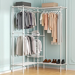 MoNiBloom Heavy Duty Carbon Steel Garment Rack, 66 Inch Expandable, with Shelves, for Hanging Clothes, Load 1000lbs, White