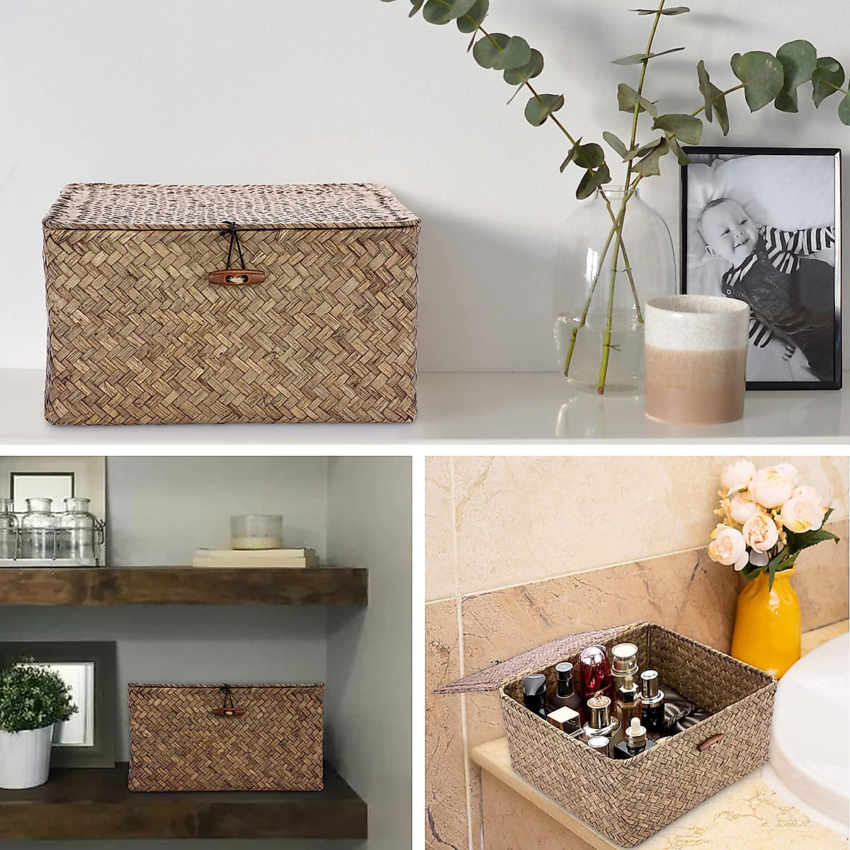 Hipiwe Wicker Shelf Baskets Bin with Lid Handwoven Seagrass Storage Basket Container Square Multipurpose Household Basket Boxes for Shelves and Home Organizer, Coffee Small