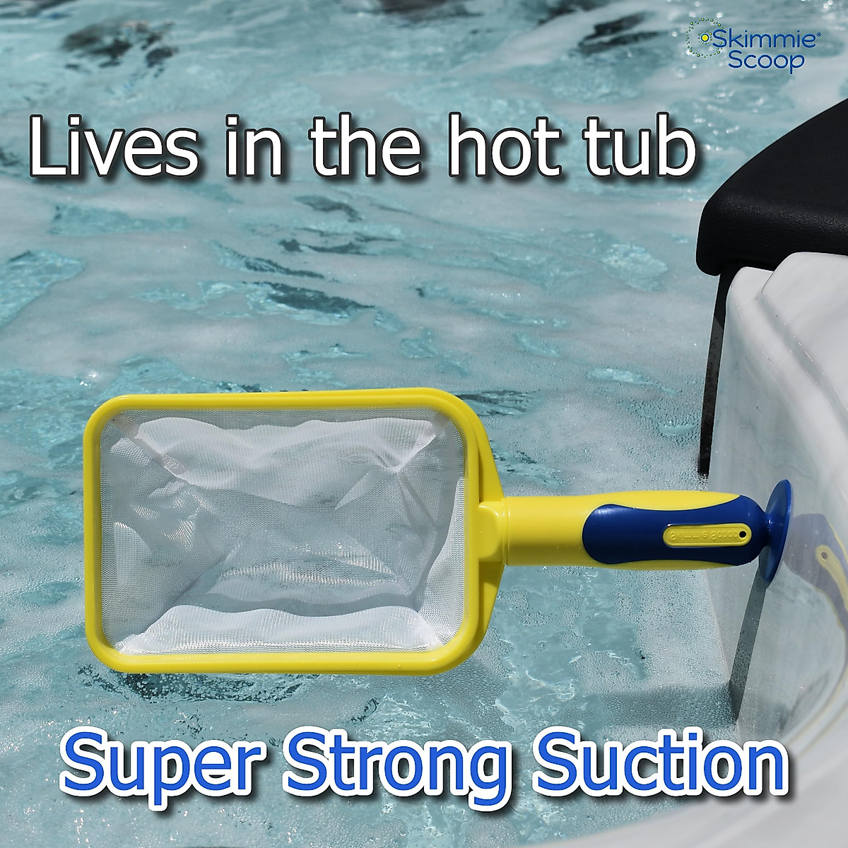 The Skimmie Scoop - Patented Handheld Skimmer with Fine Mesh Net for Spa, Hot Tub, Cold Plunge and Small Pool Cleaning - Lightweight and Durable with Powerful Suction Cup - Clean Out Filter (Yellow)
