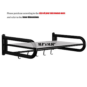 21 Inch Microwave Shelf Wall Mount with 6 Hooks, Carbon Steel Wall Shelf Metal Shelving Heavy Duty Commercial or Household Grade Wall Mount Microwave Oven Shelf Oven Bracket with Fixing Kit