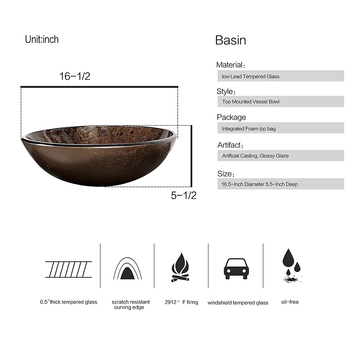 Puluomis 24 Inches Traditional Bathroom Vanity Set in Black Finish, Single Bathroom Vanity with Top and 2-Door Cabinet, Brown Glass Sink Top with Single Faucet Hole