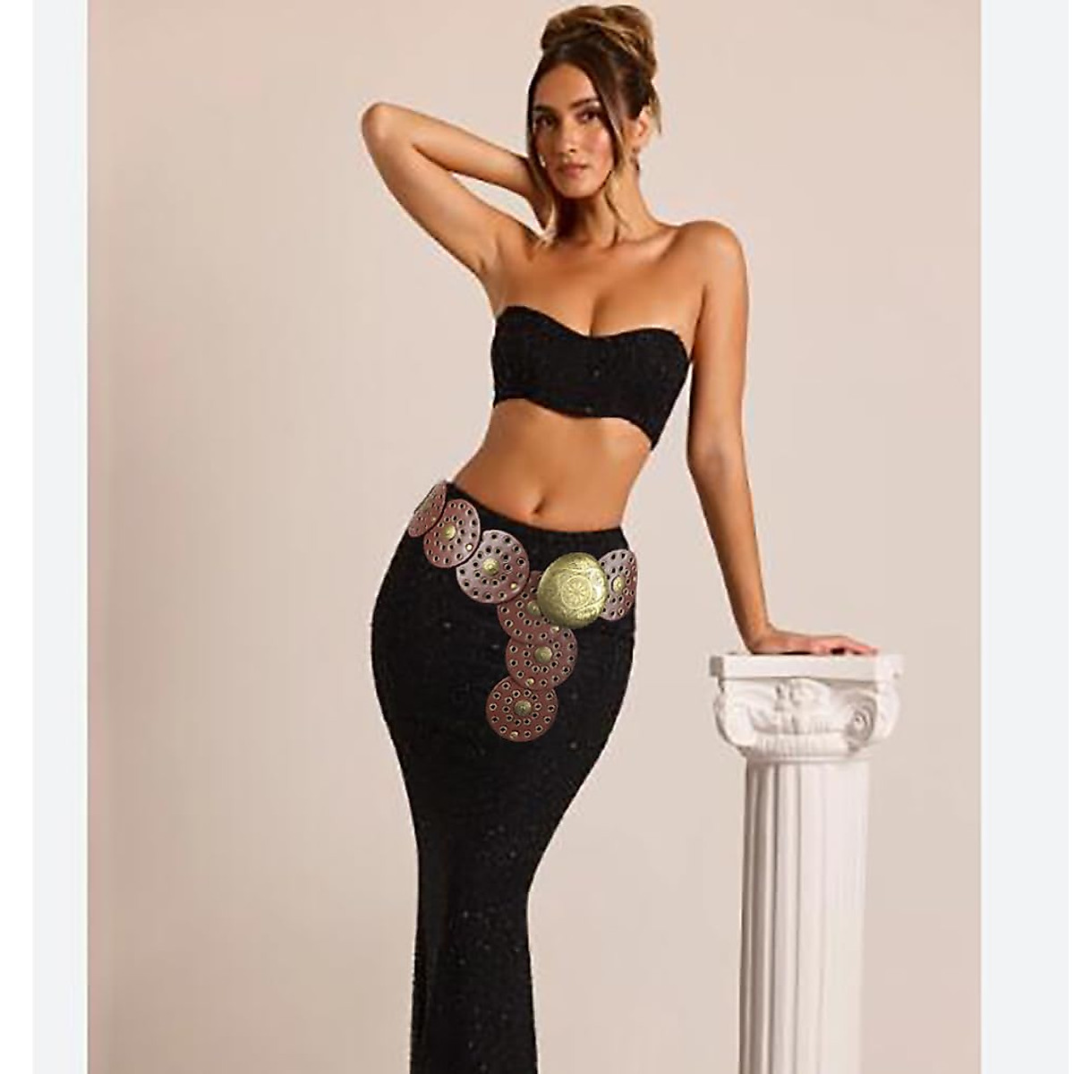 Buywis Wide Disc Belt for Women Boho Disk Concho Leather Belts Western Waist Belts for Dress 115CMBrown