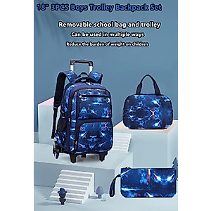 Egchescebo 18" School Kids Rolling Backpack for Boys With Wheels Trolley Wheeled Backpacks for Boys Students Travel Bags Adults Backpack With Lunch Box Pencil Bag 3PCS Blue
