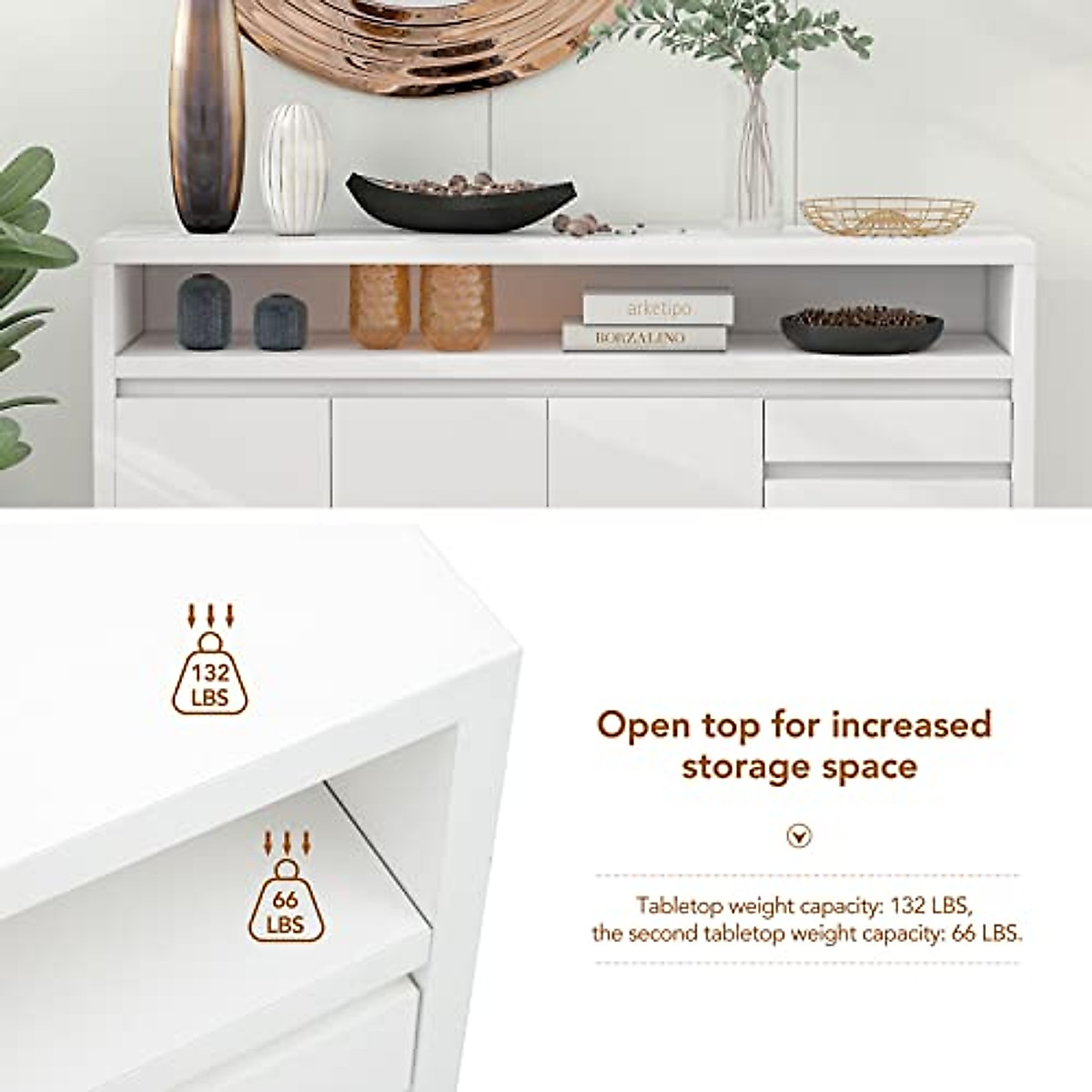 Modern Sideboard Buffet Server Storage Cabinet, Cupboard Console Table with Double-Storey Tabletop Wood Buffet Cabinet with Two Cabinets and Three Drawers for Living Room Kitchen Dining Room, White