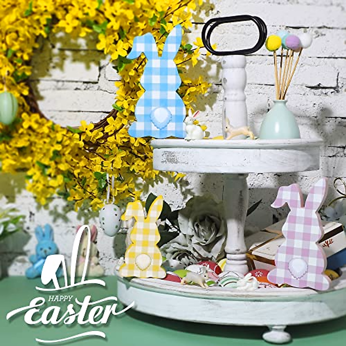 3 Pieces Easter Decor Bunny Tiered Tray Decoration Table Wooden Sign Buffalo Plaid Spring Rabbit Shape Wood Tabletop Decoration for Easter Party Desk (Vivid Style)