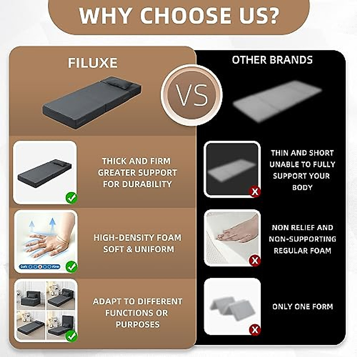 FILUXE Convertible Folding Sofa Bed - Sleeper Chair with Pillow, Modern Linen Fabric Floor & Futon Couch, Foldable Mattress for Living Room/Dorm/Guest Use/Home Office/Apartment, Single Size, Dark Grey