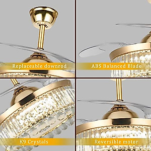 FINE MAKER 42" Ceiling Fan with Bluetooth Speaker,7 LED Colors Reversible 6 Fan Speeds Remote Control, Crystal Chandelier Ceiling Fan,Retractable Blades Fandelier Lighting Fixture fan for bedroom Gold