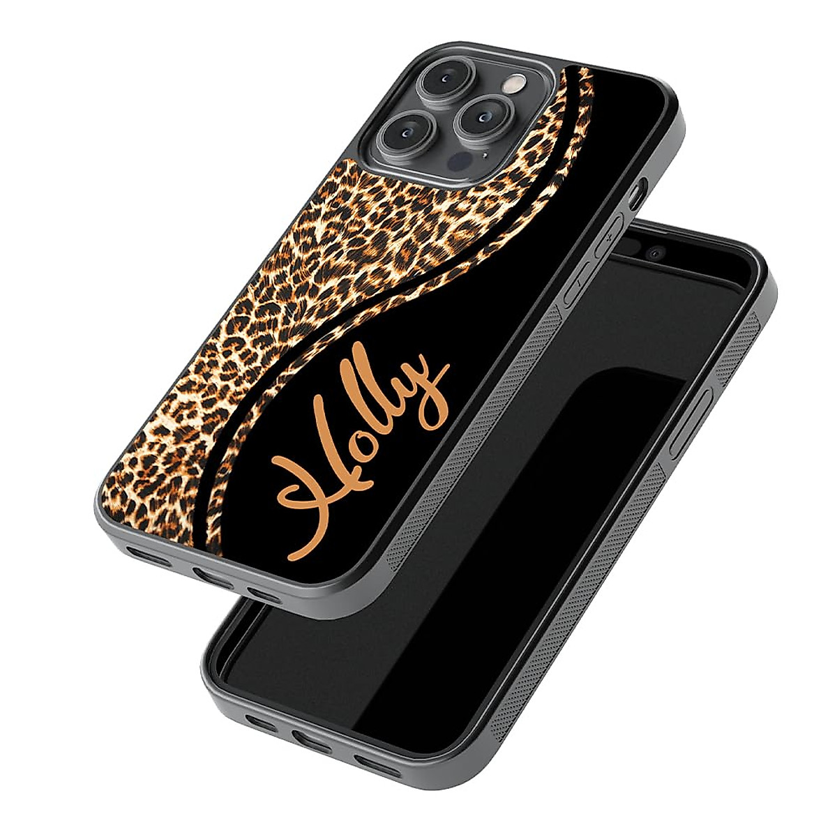 Leopard Skin Personalized Black Rubber Phone Case Compatible with Apple iPhone 15 Pro Max, 15 Pro, 15 Plus, iPhone 14 Pro Max, 13 Pro Max Mini, 12 Pro Max Mini, 11 Pro Max X XS Max XR 8 7 Plus