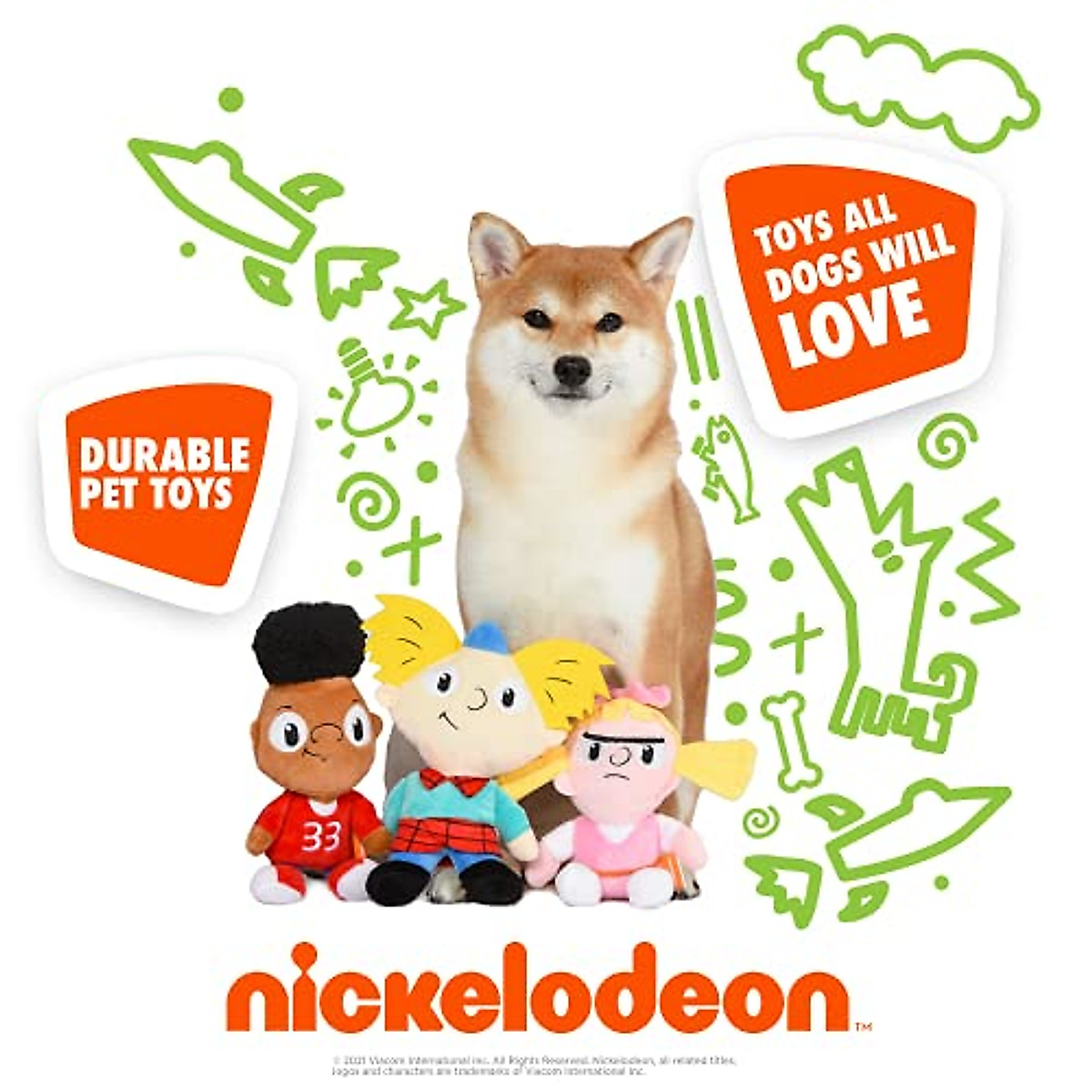 Nickelodeon for Pets Hey Arnold 3 Piece Arnold, Helga, Gerald Figure Plush Dog Toys | 6 Inch Soft Fabric Small Dog Toys - Hey Arnold Character Dog Toys for All Dogs from 90s Nickelodeon TV Show