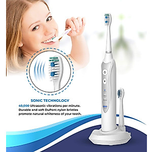 Sonic Electric Toothbrush for Adults with 5 Toothbrush Replacement Heads, 3 Brushing Modes & 2 Minutes Built-in Timer, Travel Toothbrushes with Inductive Charging, Rechargeable toothbrush | White
