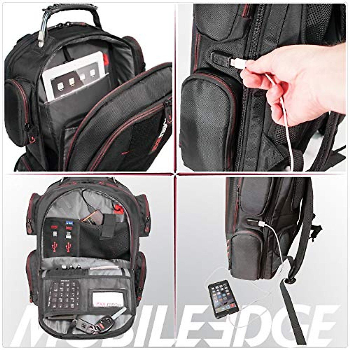Core Gaming Laptop Backpack From Mobile Edge Core Gaming, 17.3 Inch, External USB 3.0 Quick-Charge Port w/Built-in Charging Cable, Patch Panel - Black w/Red Trim - MECGBPV1